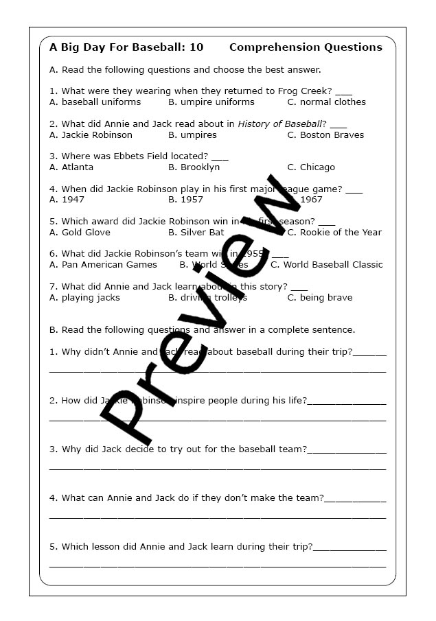 Magic Tree House #29 "A Big Day for Baseball" worksheets | Made By Teachers
