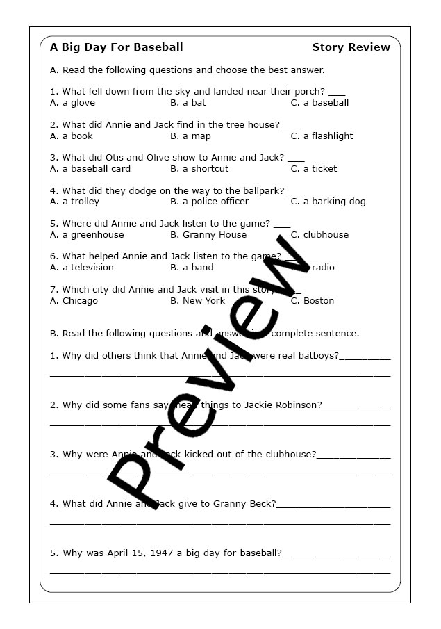 Magic Tree House #29 "A Big Day for Baseball" worksheets | Made By Teachers