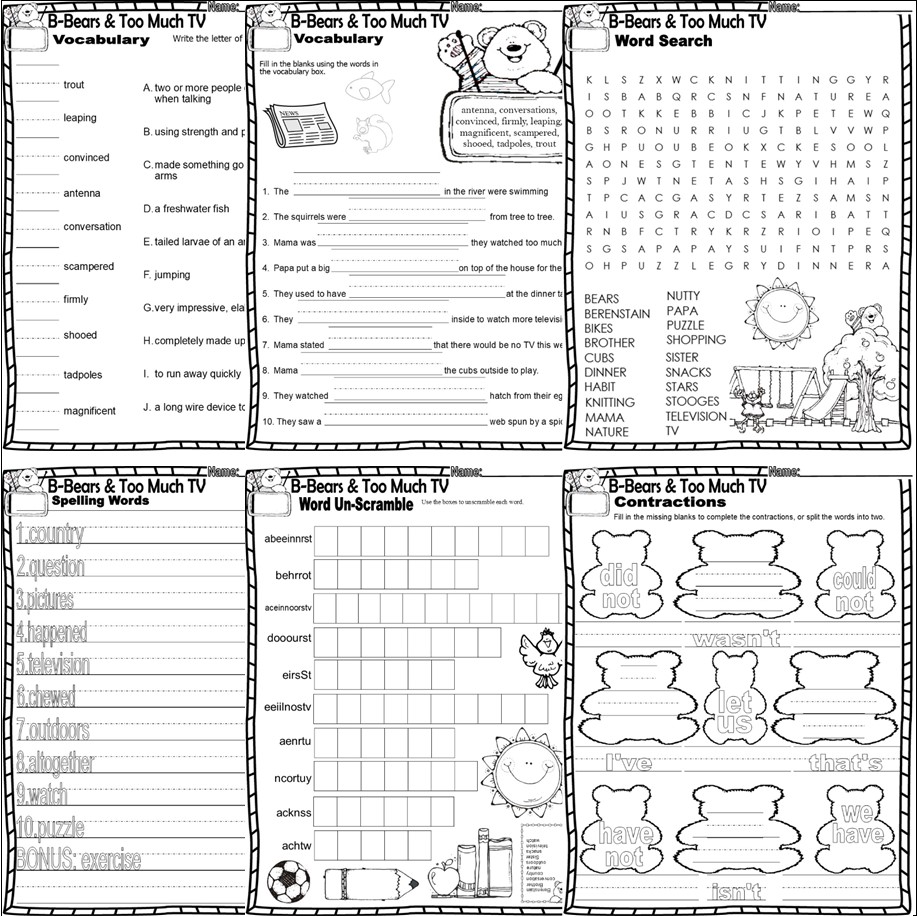 Bears Too Much TV Reading Comprehension Book Study Companion Fun ...