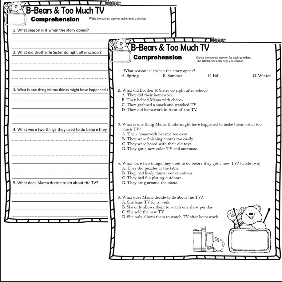 Bears Too Much TV Berenstain Reading Comprehension Questions Quiz Test ...