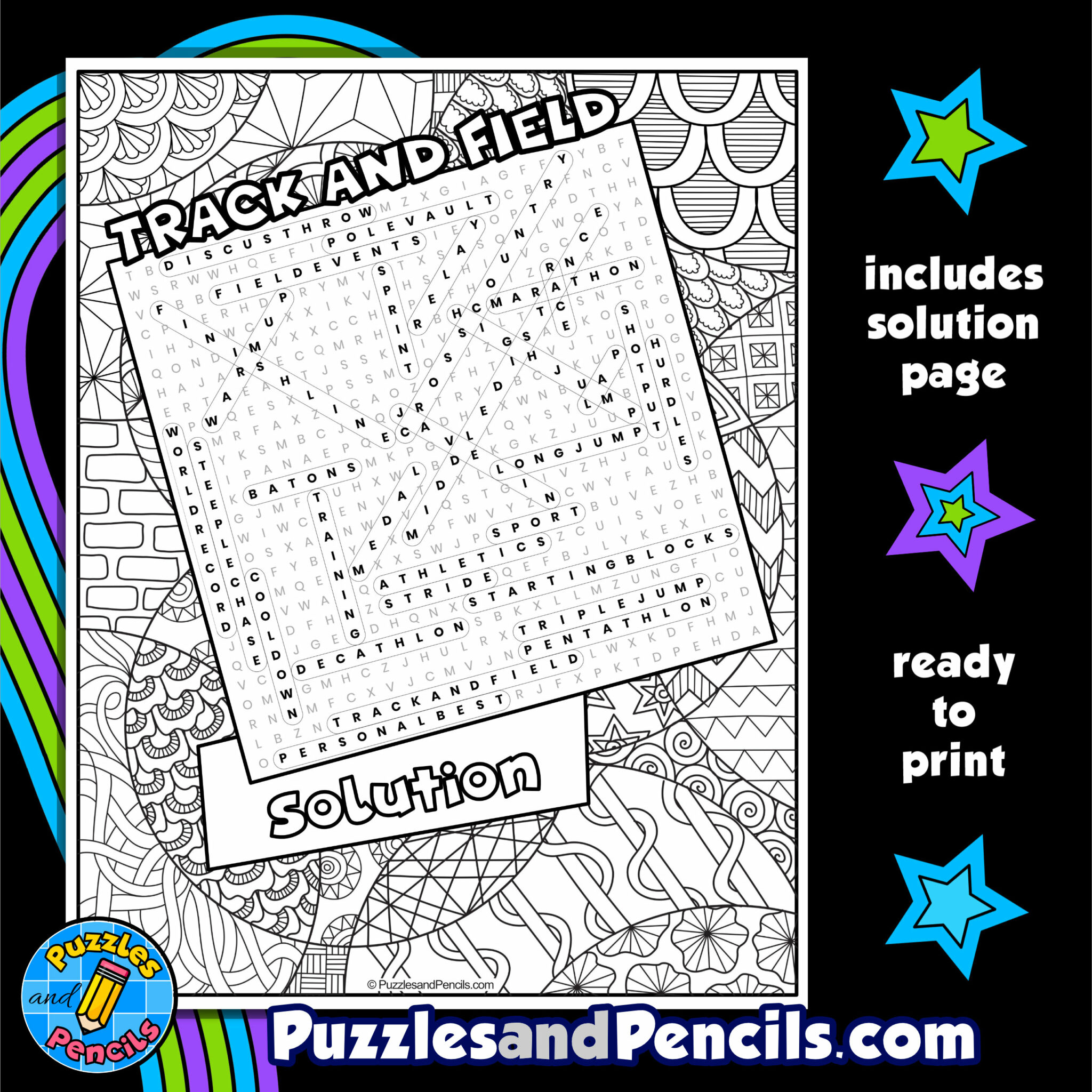 Track and Field Word Search Puzzle Activity with Coloring | Made By ...