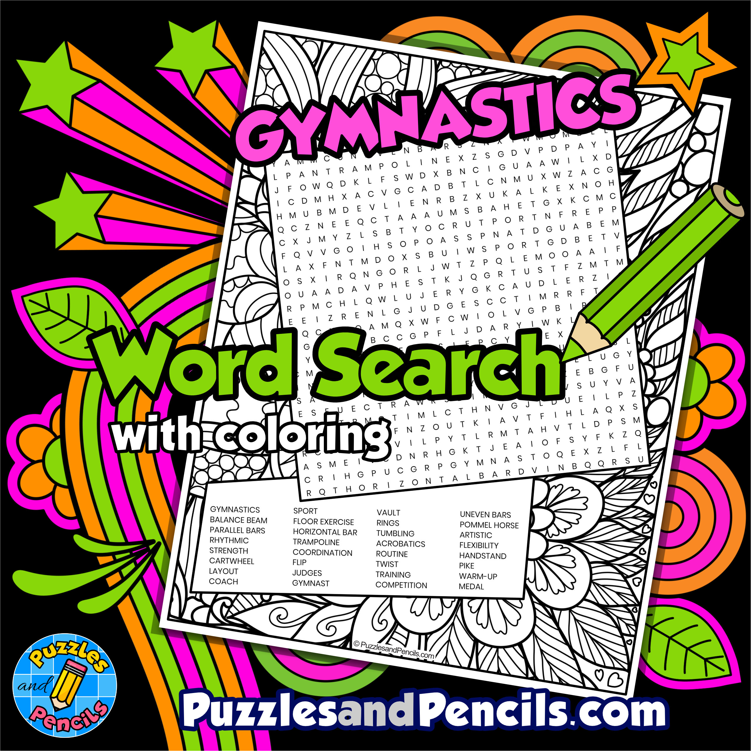 Gymnastics Word Search Puzzle Activity with Coloring | Made By Teachers