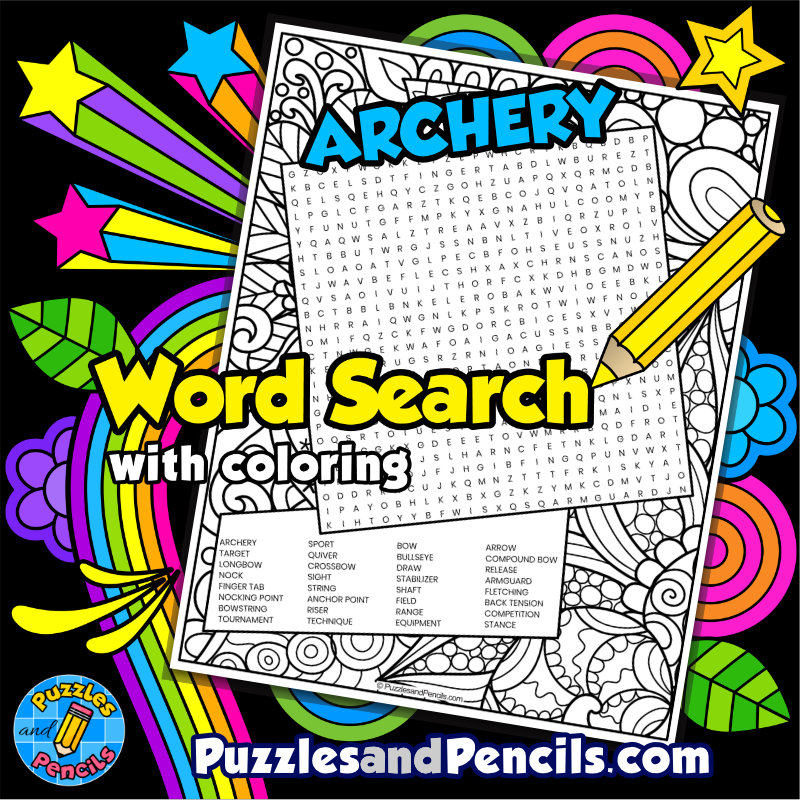 Archery Word Search Puzzle Activity with Coloring | Made By Teachers
