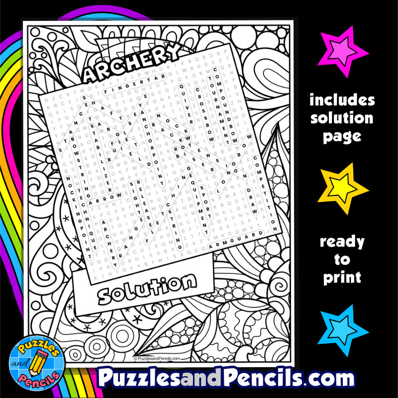 Archery Word Search Puzzle Activity with Coloring | Made By Teachers