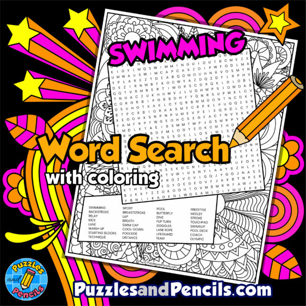 Swimming Word Search Puzzle Activity with Coloring | Made By Teachers