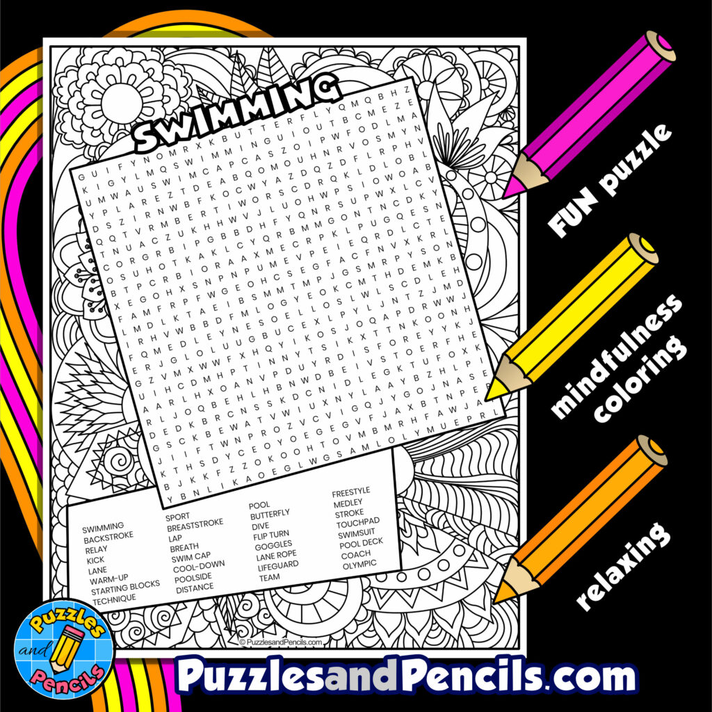 Swimming Word Search Puzzle Activity with Coloring | Made By Teachers