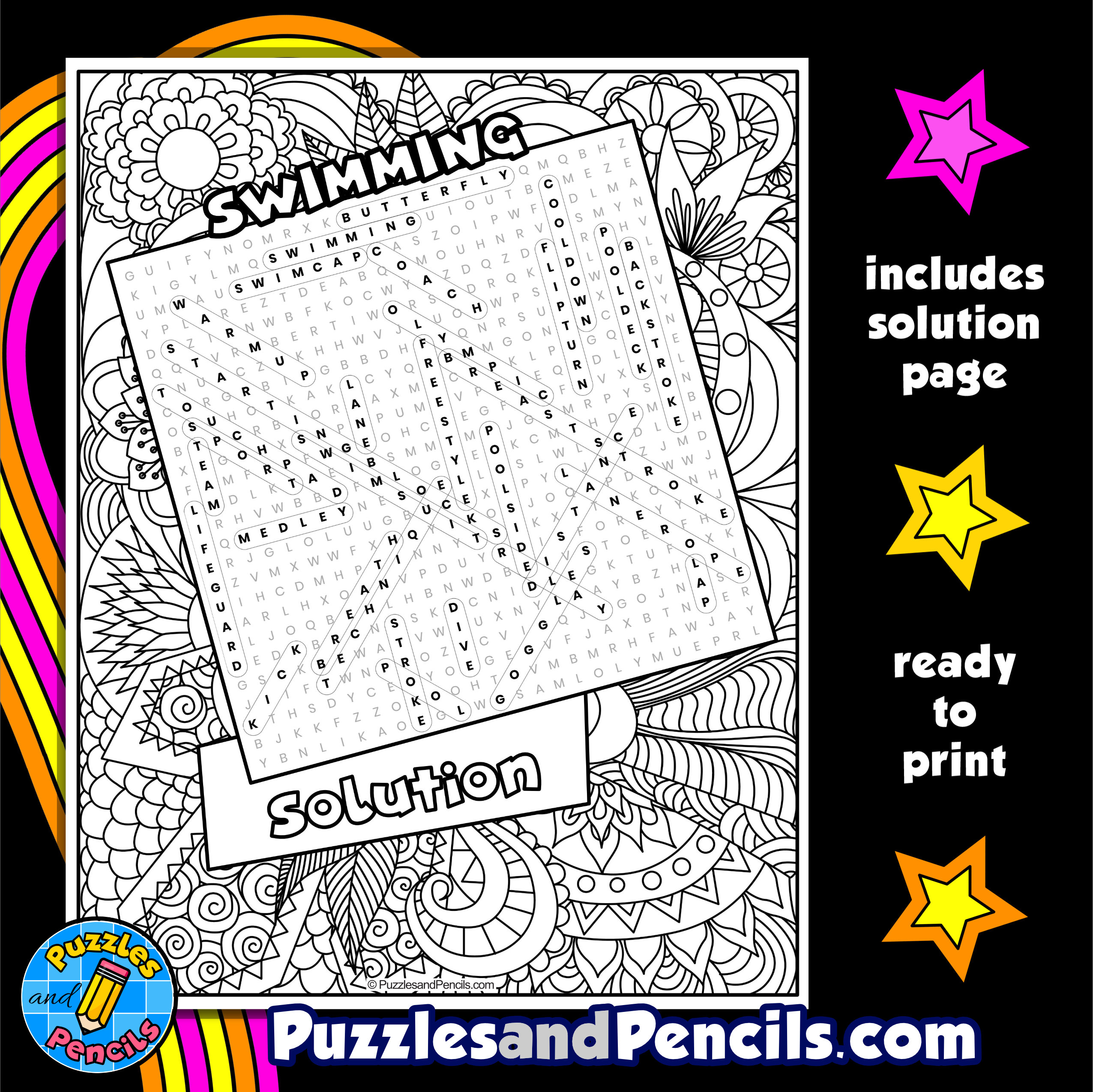 Swimming Word Search Puzzle Activity with Coloring | Made By Teachers