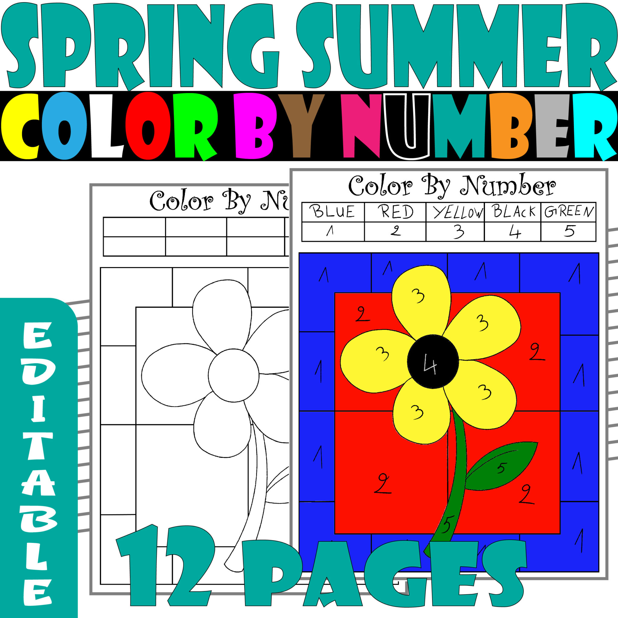 Spring Summer Sun Flowers color by number Editable , Color by Math ...