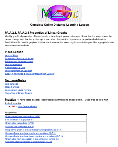 Complete Online Distance Learning 8th Math Prop of Linear Graphs PA.A.2 ...