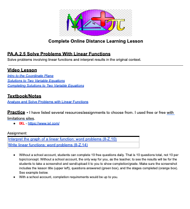 Complete Online Distance Learning 8th Math Solve Linear Functions PA.A ...