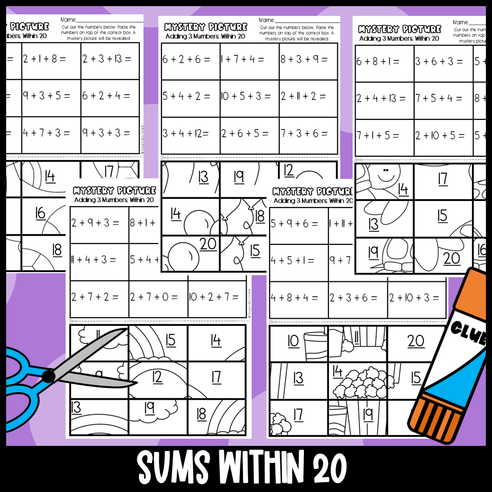 Adding 3 Numbers Mystery Picture Worksheets: Within 10 and Within 20 ...