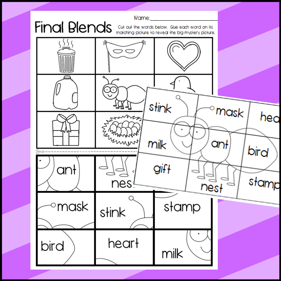 Ending Blends Mystery Picture Worksheets: Cut and Paste | Made By Teachers