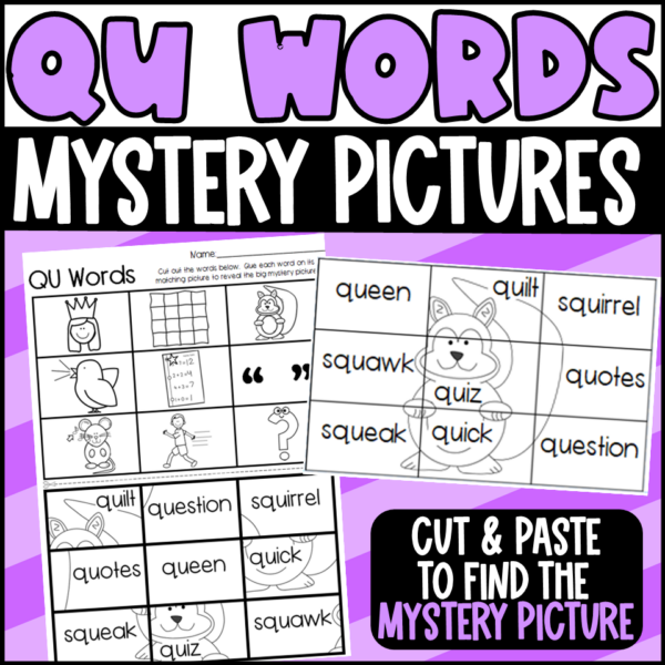 QU Words Mystery Pictures: Fun Cut and Paste Worksheets | Made By Teachers