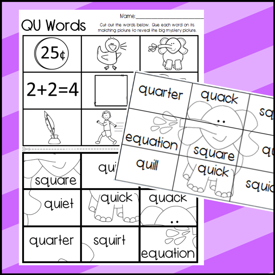 QU Words Mystery Pictures: Fun Cut and Paste Worksheets | Made By Teachers