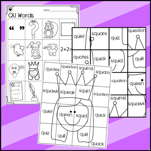 QU Words Mystery Pictures: Fun Cut and Paste Worksheets | Made By Teachers