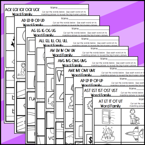 Word Families Mystery Pictures: Cut and Paste Worksheets | Made By Teachers