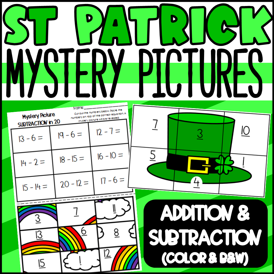 St Patrick's Day Addition and Subtraction Mystery Picture Worksheets ...