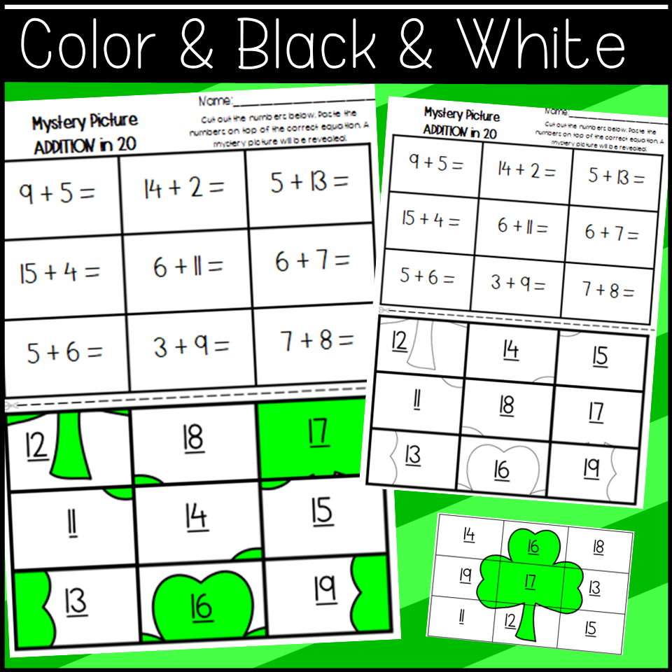 St Patrick's Day Addition and Subtraction Mystery Picture Worksheets ...