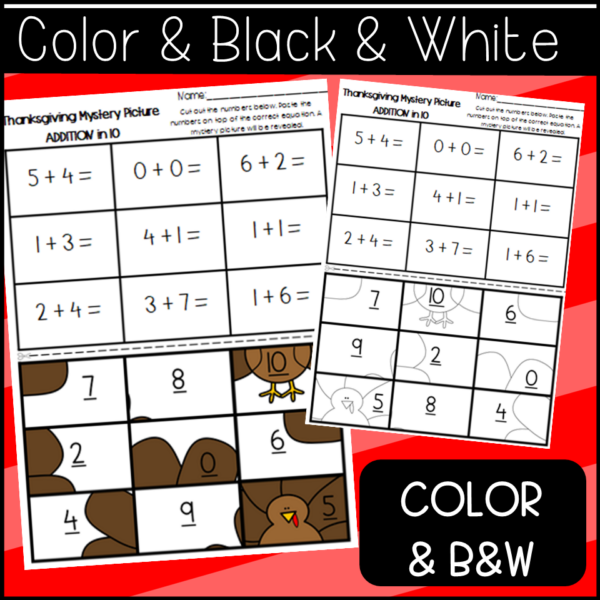 Thanksgiving Addition and Subtraction Mystery Picture Worksheets | Made ...
