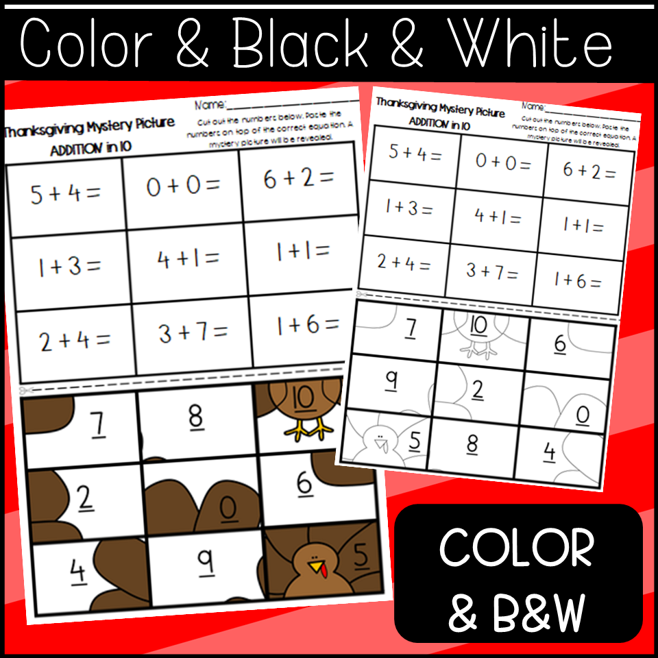 Thanksgiving Addition and Subtraction Mystery Picture Worksheets | Made ...