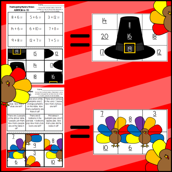 Thanksgiving Addition and Subtraction Mystery Picture Worksheets | Made ...