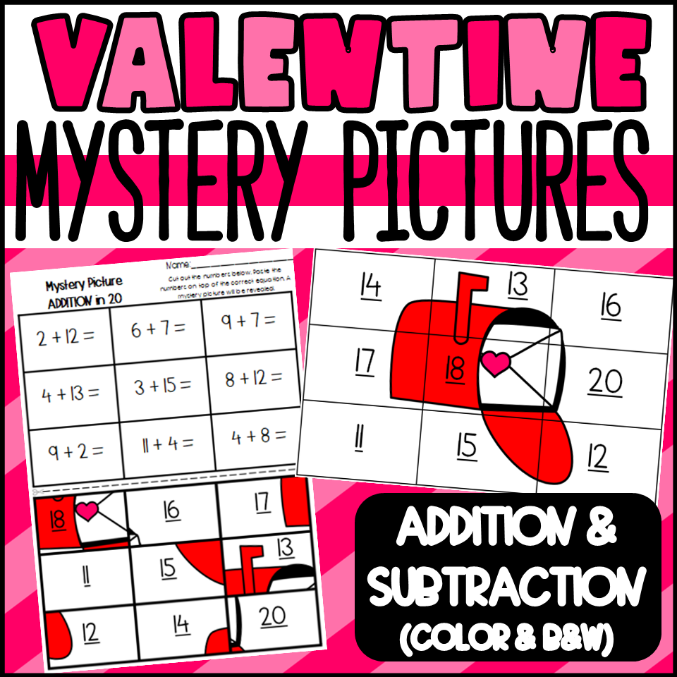 Valentine's Day Addition and Subtraction Mystery Picture Worksheets ...