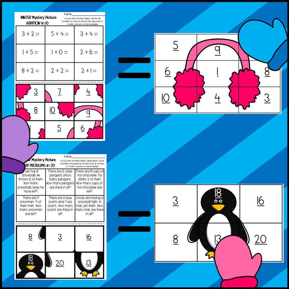 WINTER Addition and Subtraction Mystery Picture Worksheets | Made By ...