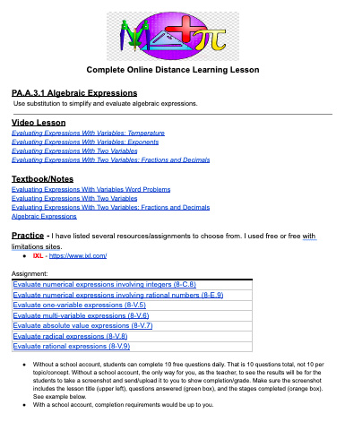 Complete Online Distance Learning 8th Math Algebraic Expressions PA.A.3 ...