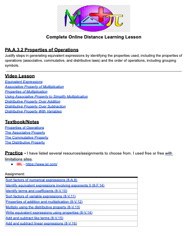 Complete Online Distance Learning 8th Math Properties of Operations PA ...