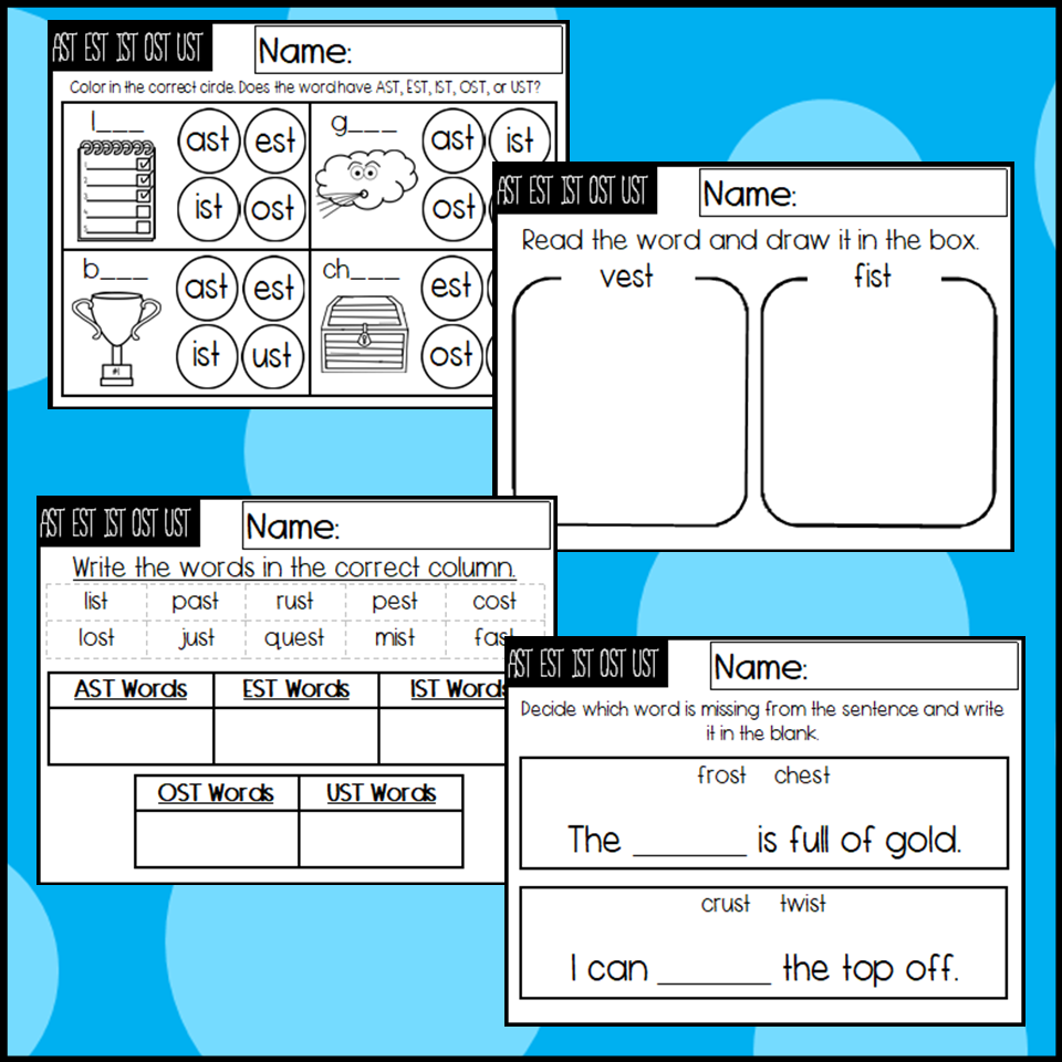 AST EST IST OST and UST Word Family Exit Slips | Made By Teachers
