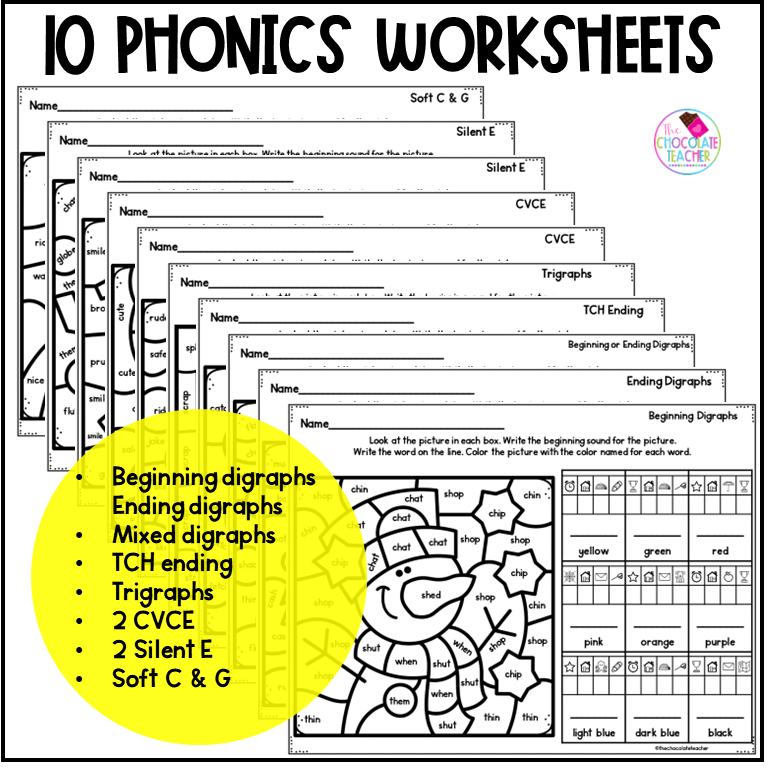 Winter Phonics Worksheets with Short Vowels, Digraphs, CVCE Words Color ...