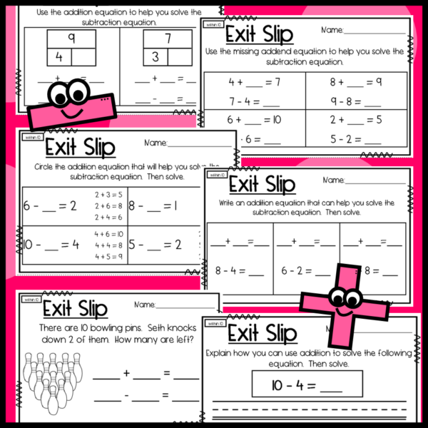 Using Addition to Subtract Exit Slips | Made By Teachers