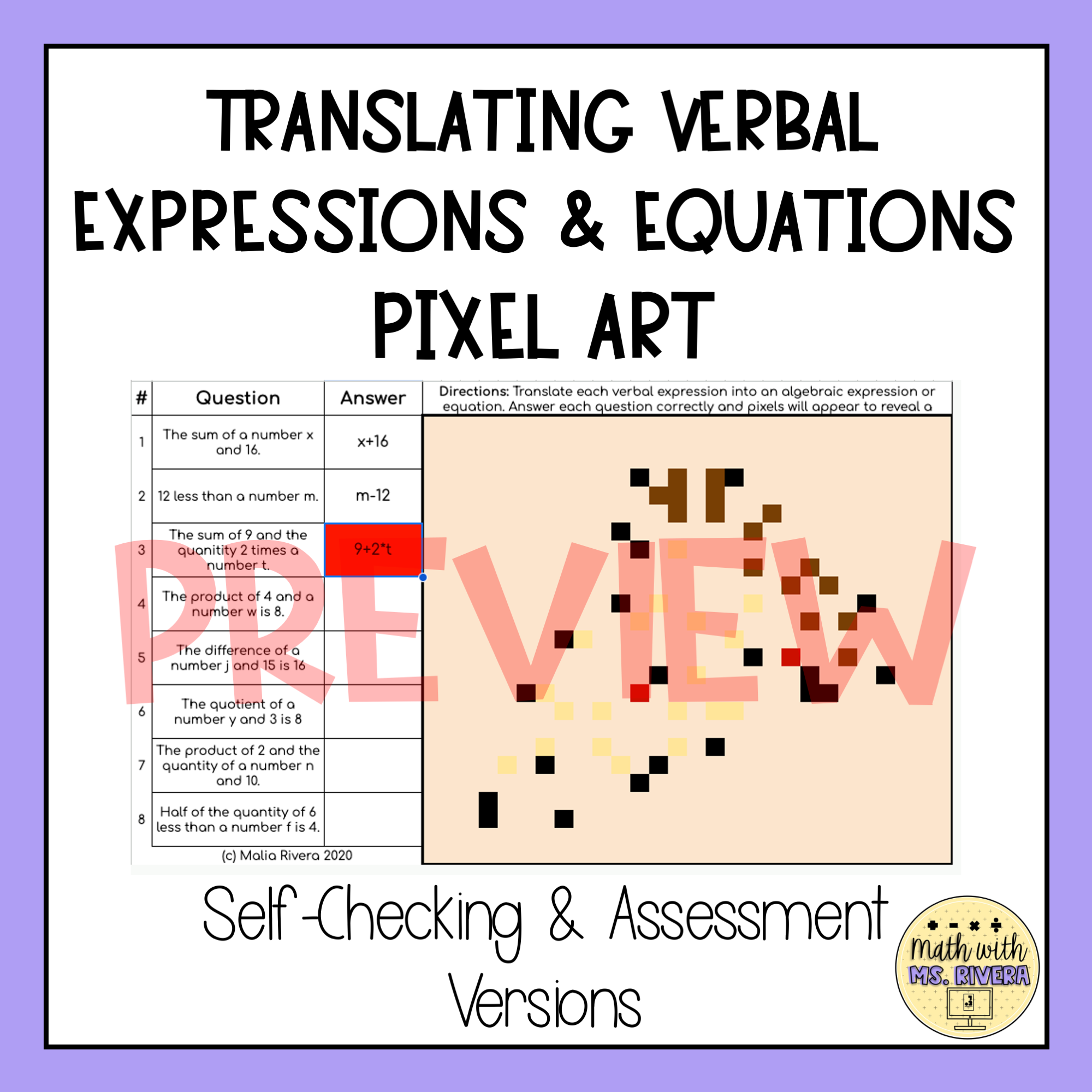 Translating Verbal Algebraic Expressions & Equations Pixel Art Digital ...