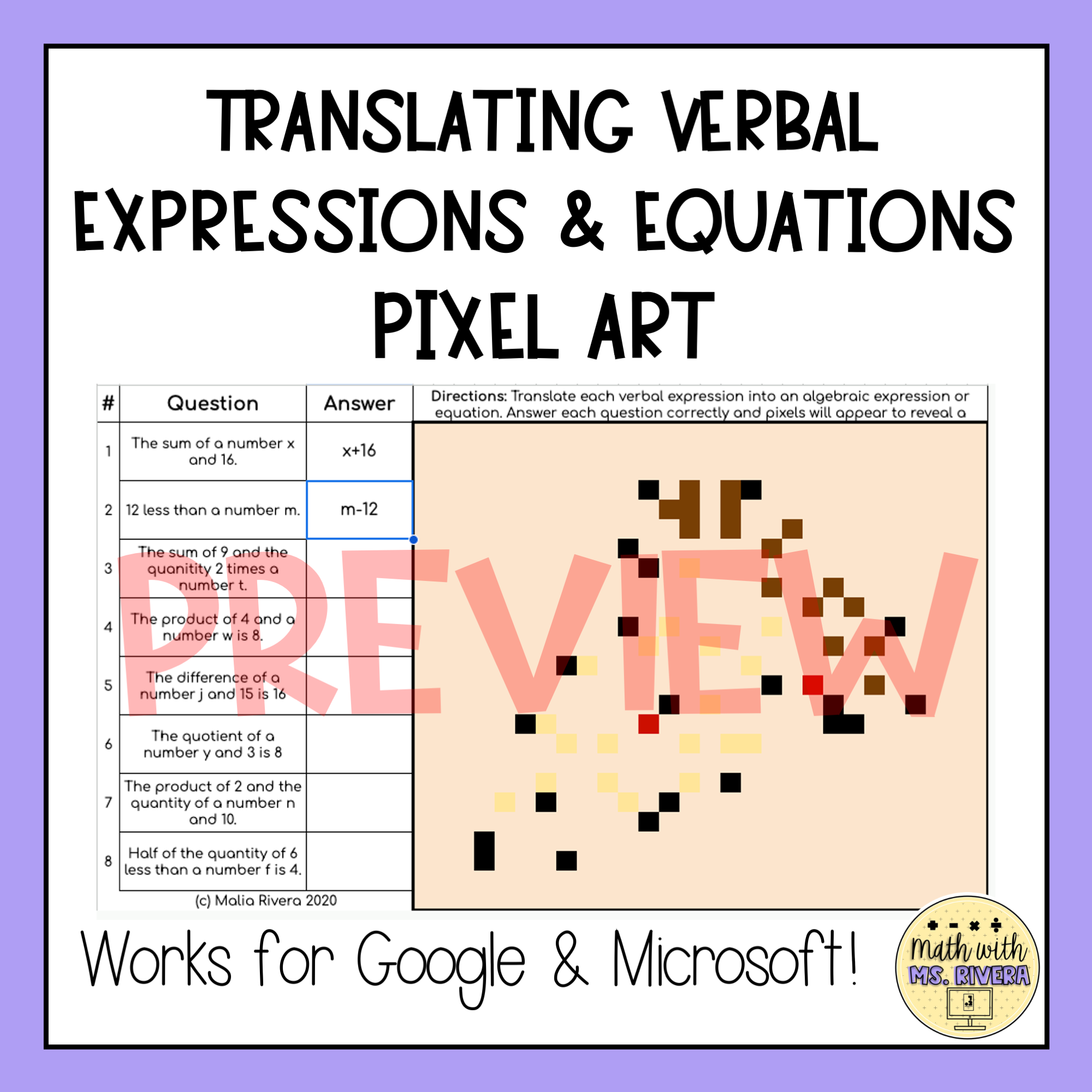 Translating Verbal Algebraic Expressions & Equations Pixel Art Digital ...