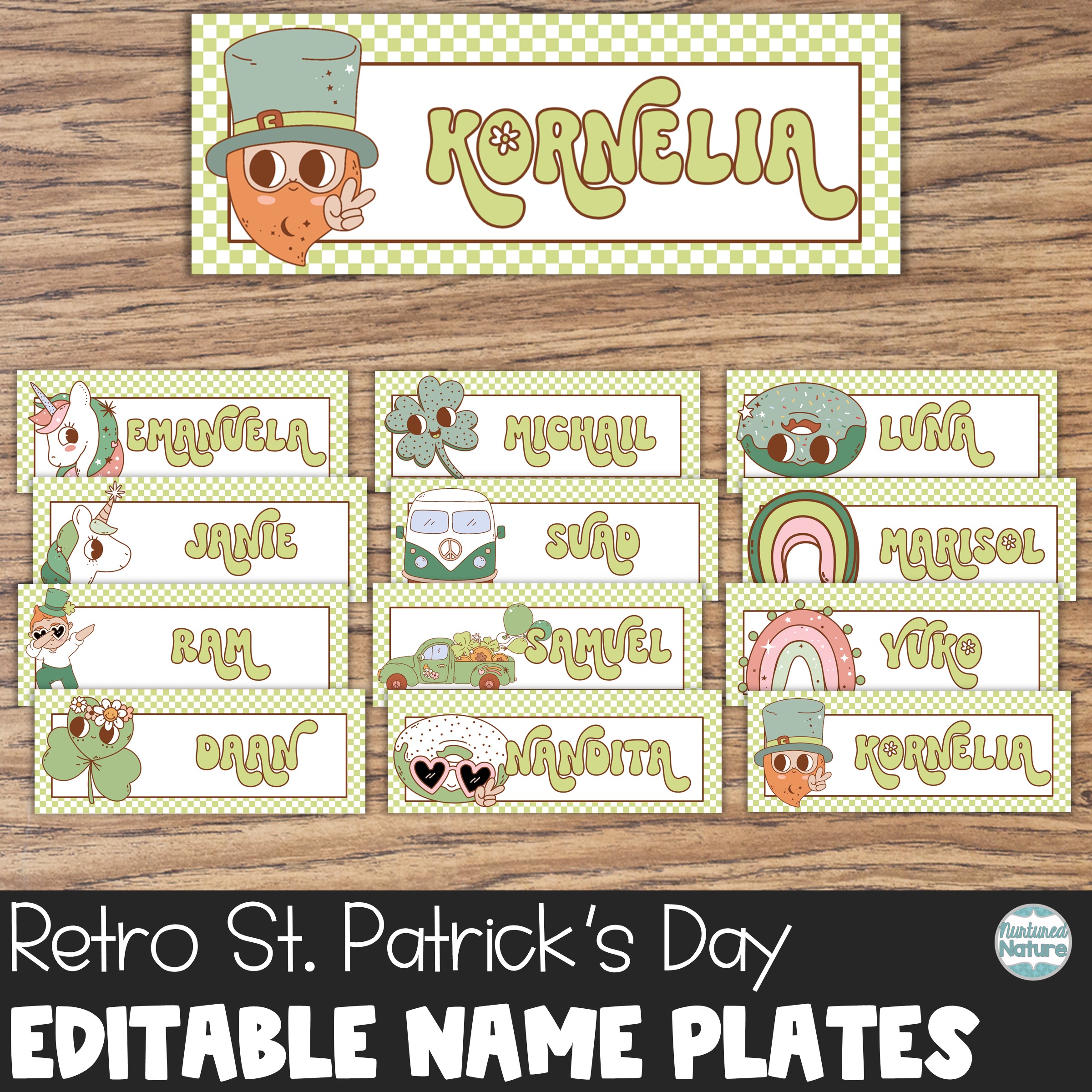 Editable Name Plates – Retro St. Patrick’s Day Name Tags for Desks ...