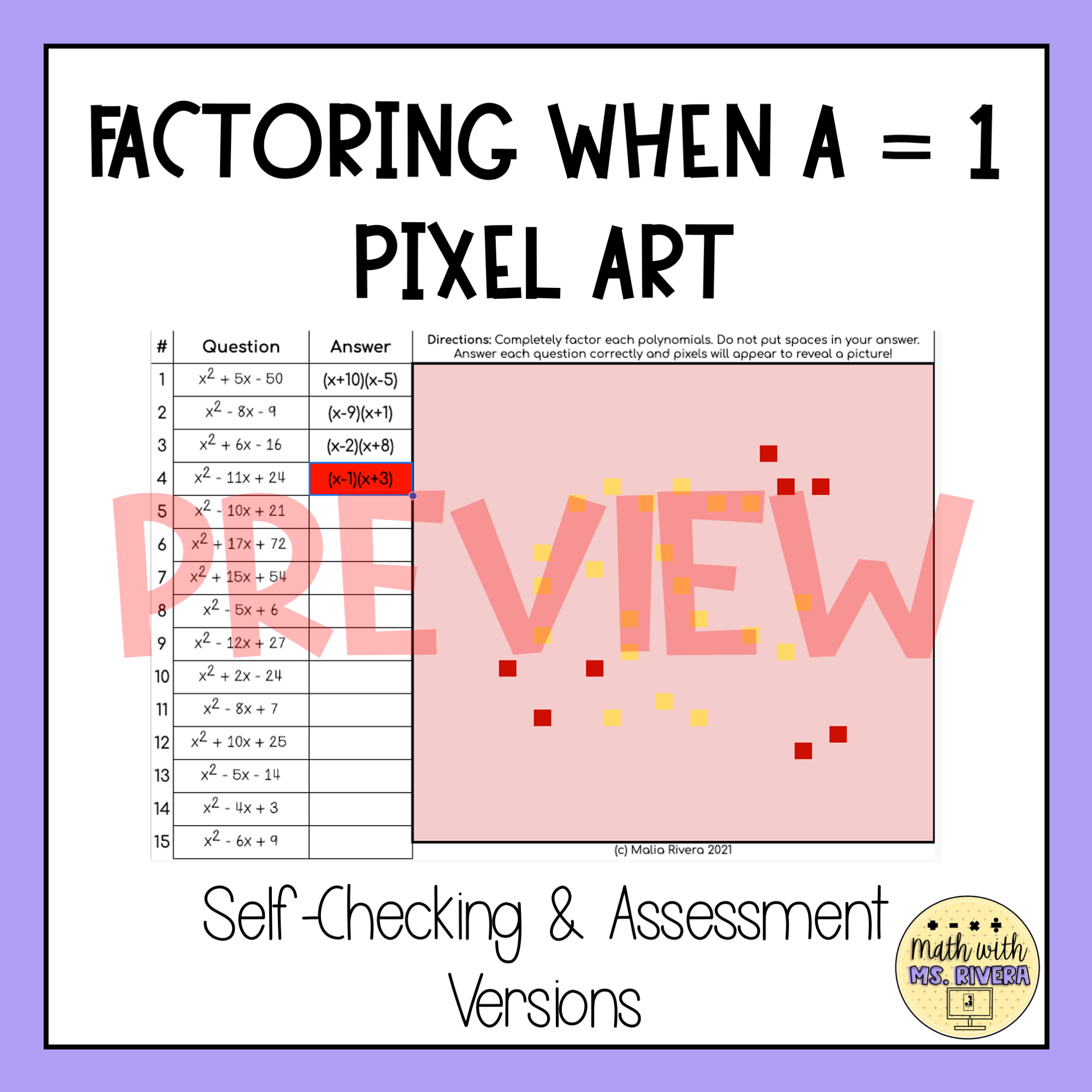 Factoring Trinomials when A = 1 Pixel Art Digital Activity - Valentine ...
