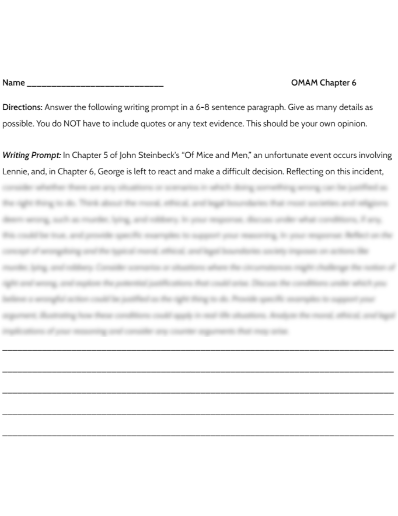 Of Mice and Men Ch. 6 Writing Prompt: Justification | Made By Teachers