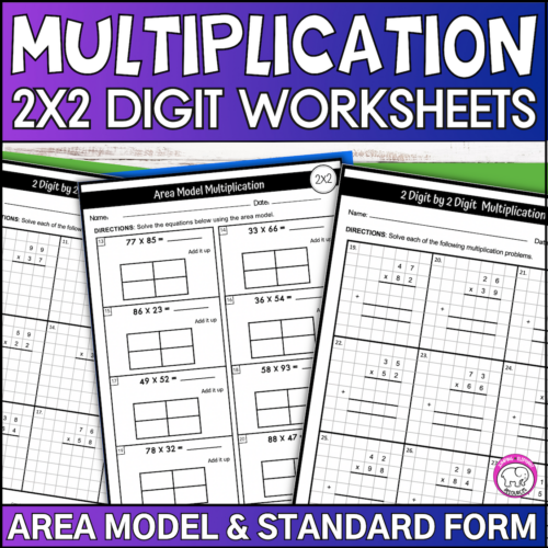 Multiplication Worksheets 2 Digit by 2 Digit Area Model and Standard ...