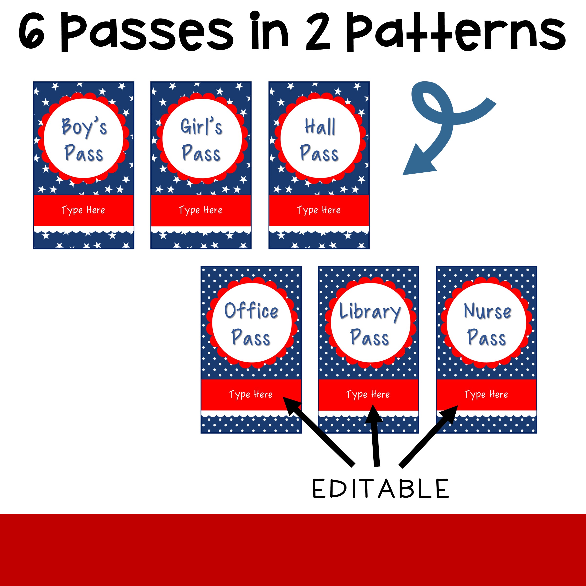 Red White and Blue Hall Passes EDITABLE | Made By Teachers