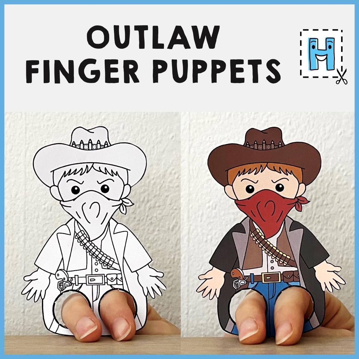 Outlaw Finger Puppet Printable Wild West Coloring Paper Craft Activity ...
