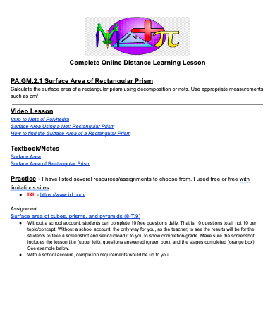 Complete Online Distance Learning 8th Math Surface Area Rectangular ...
