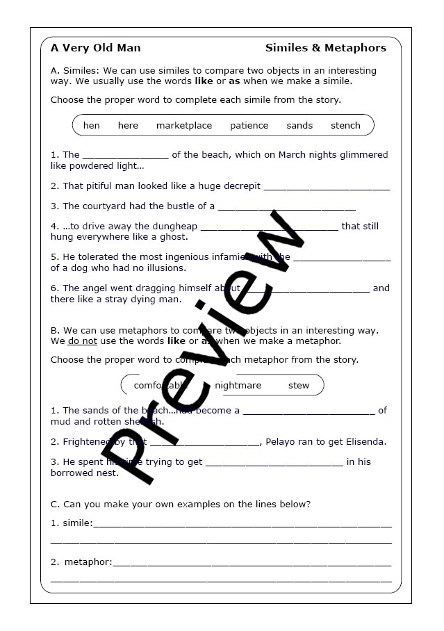 Gabriel Garcia Marquez "A Very Old Man with Enormous Wings" worksheets ...