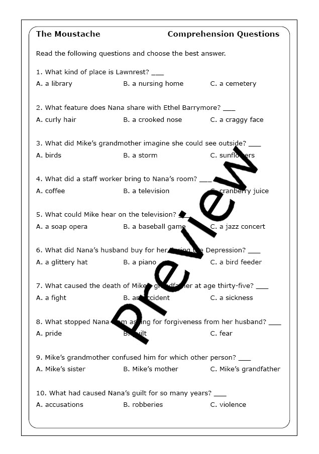 Robert Cormier "The Moustache" worksheets | Made By Teachers