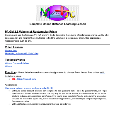 Complete Online Distance Learning 8th Math Volume Rectangular Prism PA ...