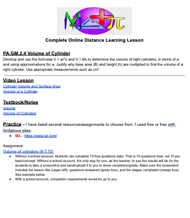 Complete Online Distance Learning 8th Math Volume of Cylinders PA.GM.2. ...