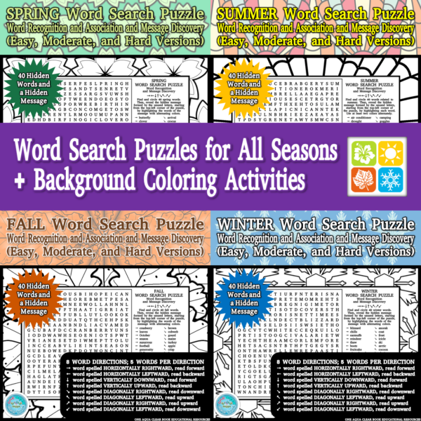 Spring, Summer, Autumn, and Winter Word Search Puzzles + Background ...
