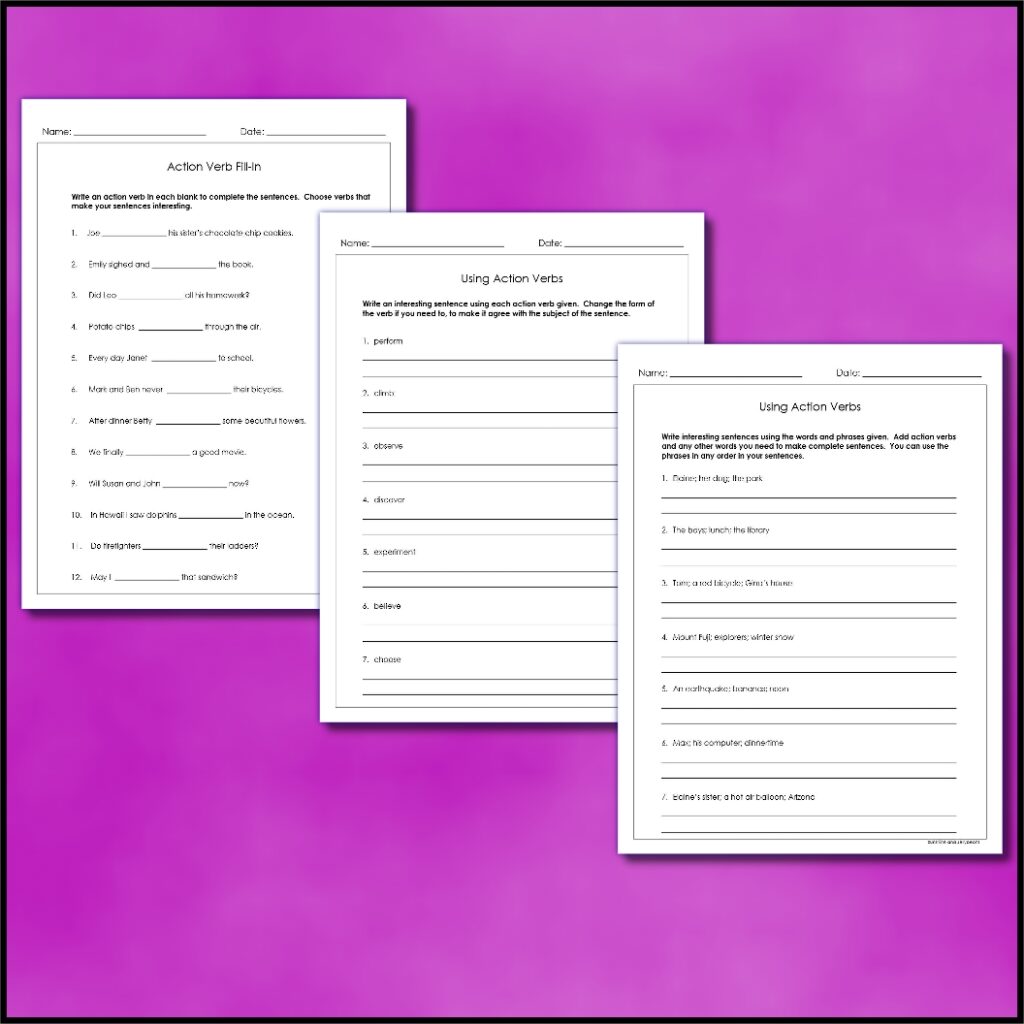 Action Verbs Practice - 3 worksheets - Fill-in / Writing - Grades 3-4 ...