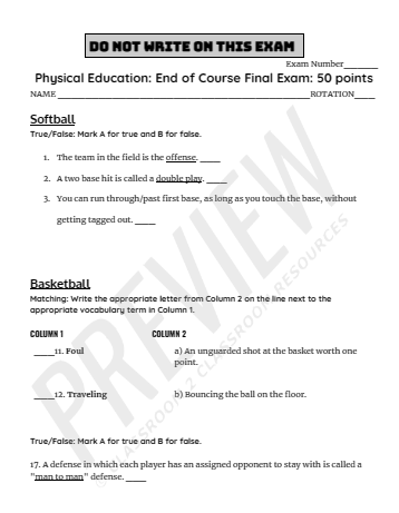 P.E. EOC Exam: Softball, Basketball, Ultimate Frisbee, Fitness: 50 ...