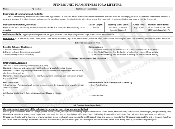 P.E. Fitness for a Lifetime 3 Week Unit Lesson Plans | Made By Teachers