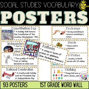 Word Wall Vocabulary Posters for Social Studies | 1st Grade | 93 Words ...